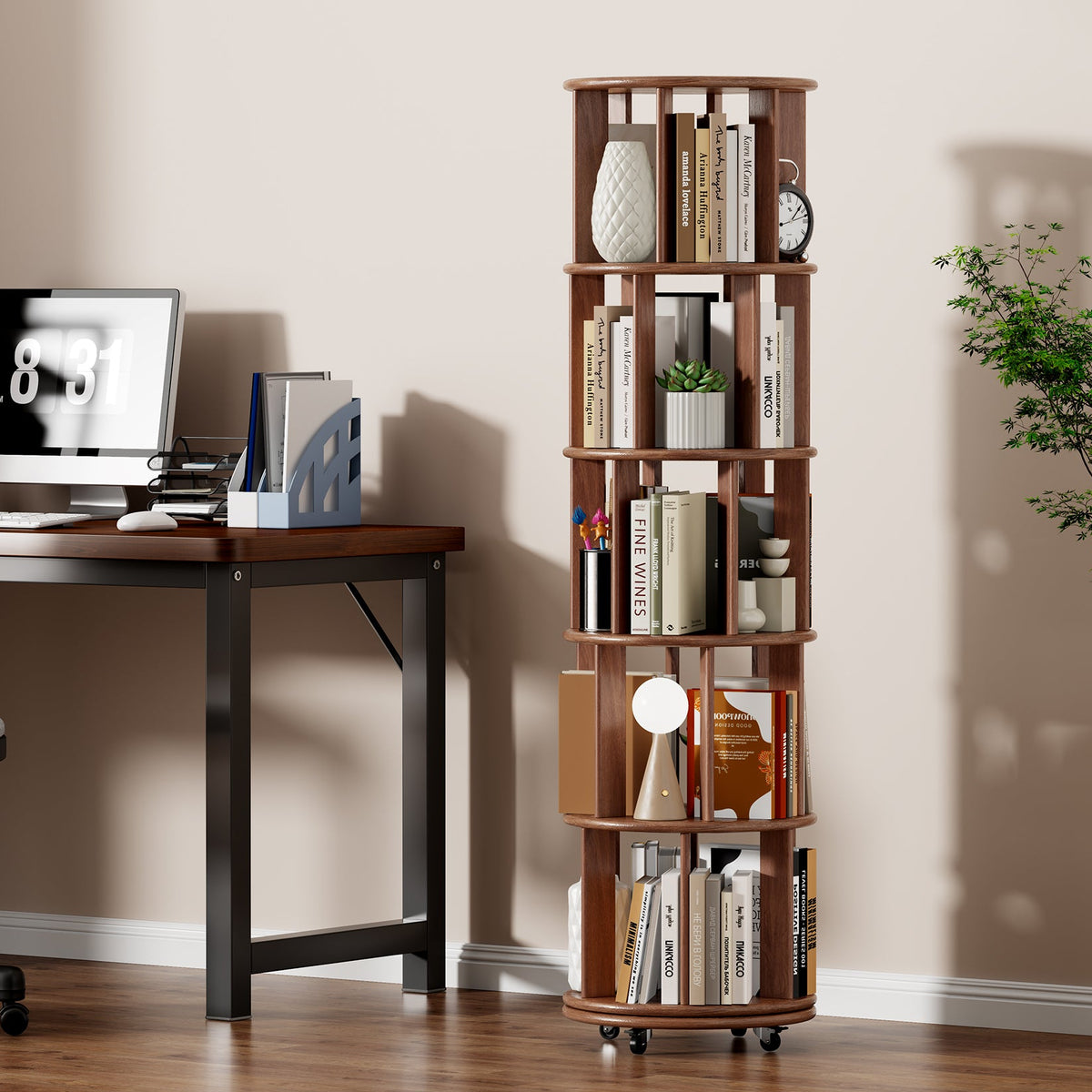360° Round Revolving Walnut Bookcase Spinning 5 Tier Bookshelf Tower f ...