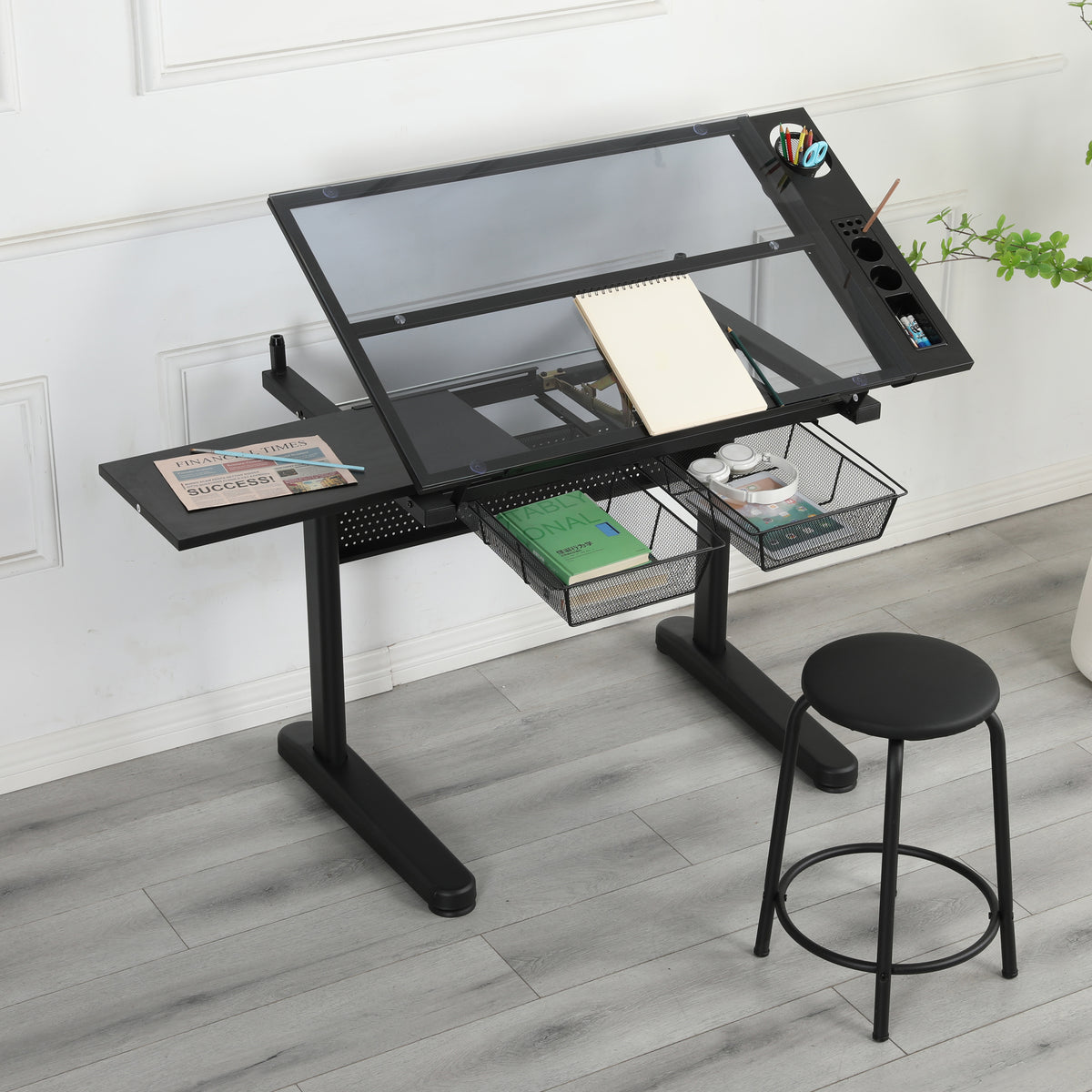 Hand Crank Adjustable Black Drafting Table Drawing Desk With Stool & 2 ...