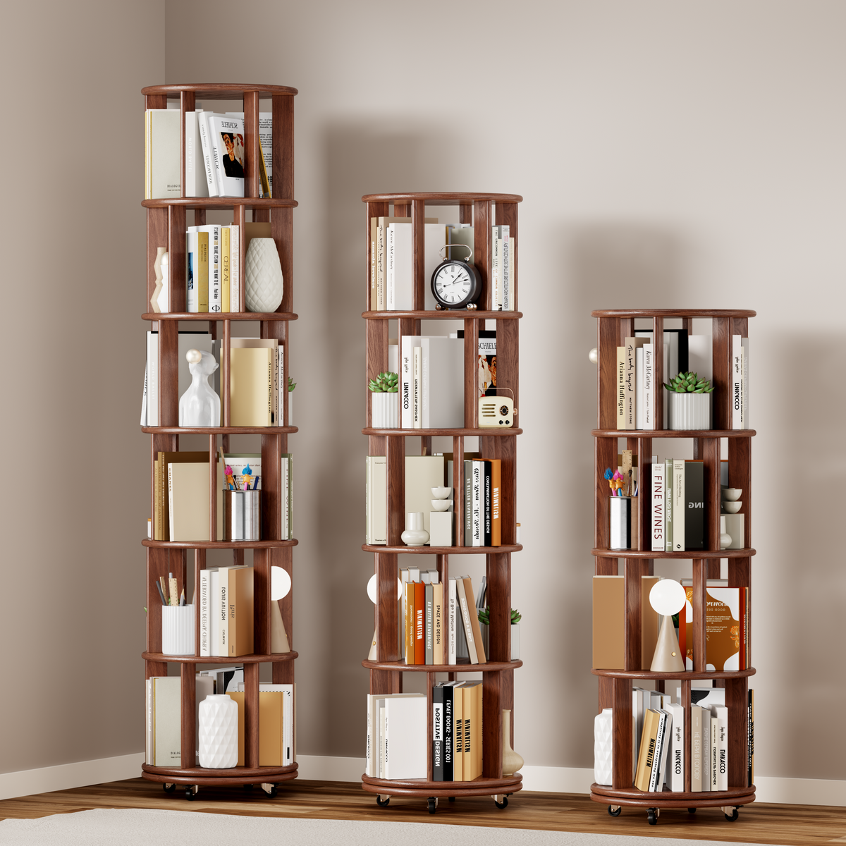 360° Round Revolving Walnut Bookcase Spinning 5 Tier Bookshelf Tower f ...