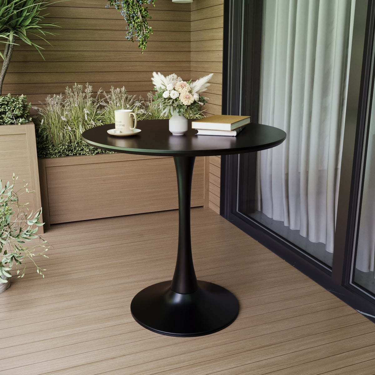 Mid-Century Black Round Coffee Dining Table with MDF Top & Pedestal Ba ...
